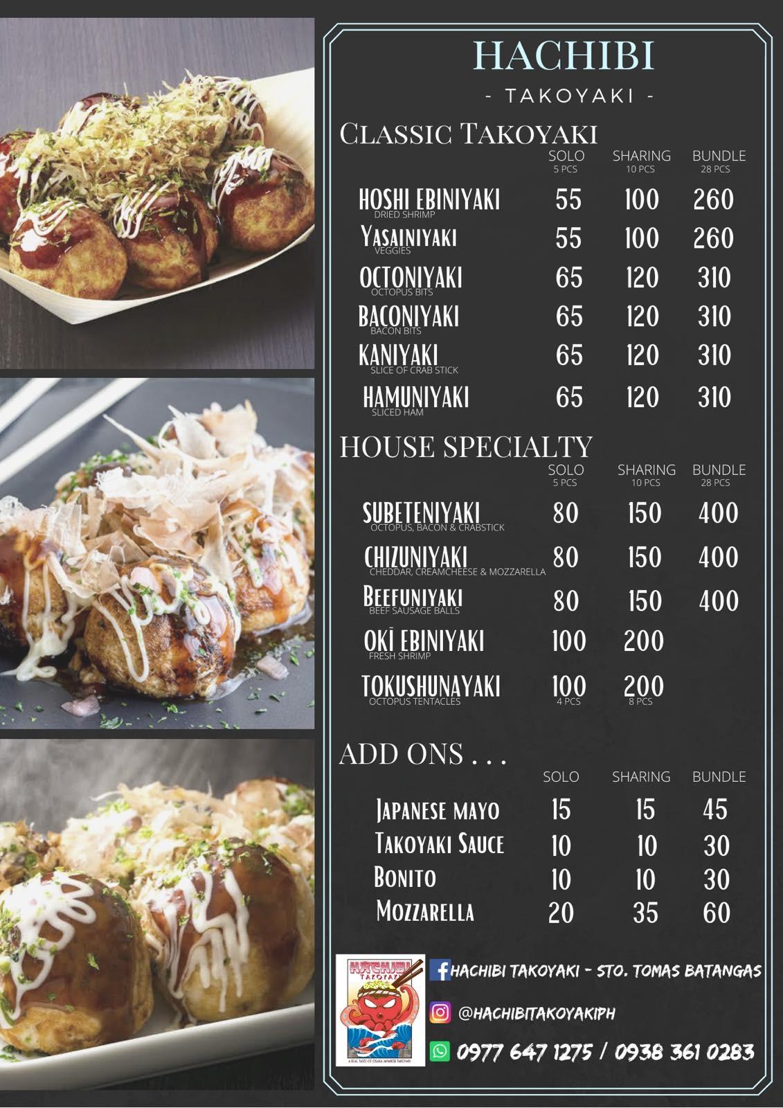 Carta de Hachibi Takoyaki - Sto Tomas Batangas, Santo Tomas