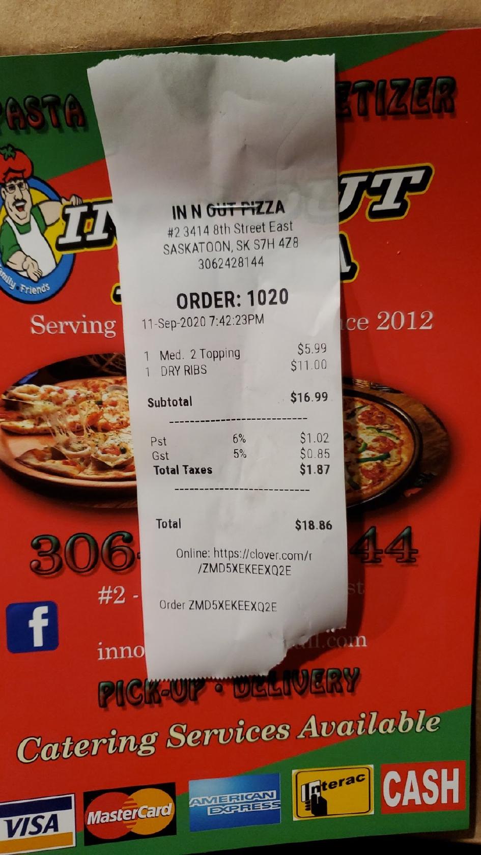 Carta del restaurante In N’ Out Pizza, Saskatoon