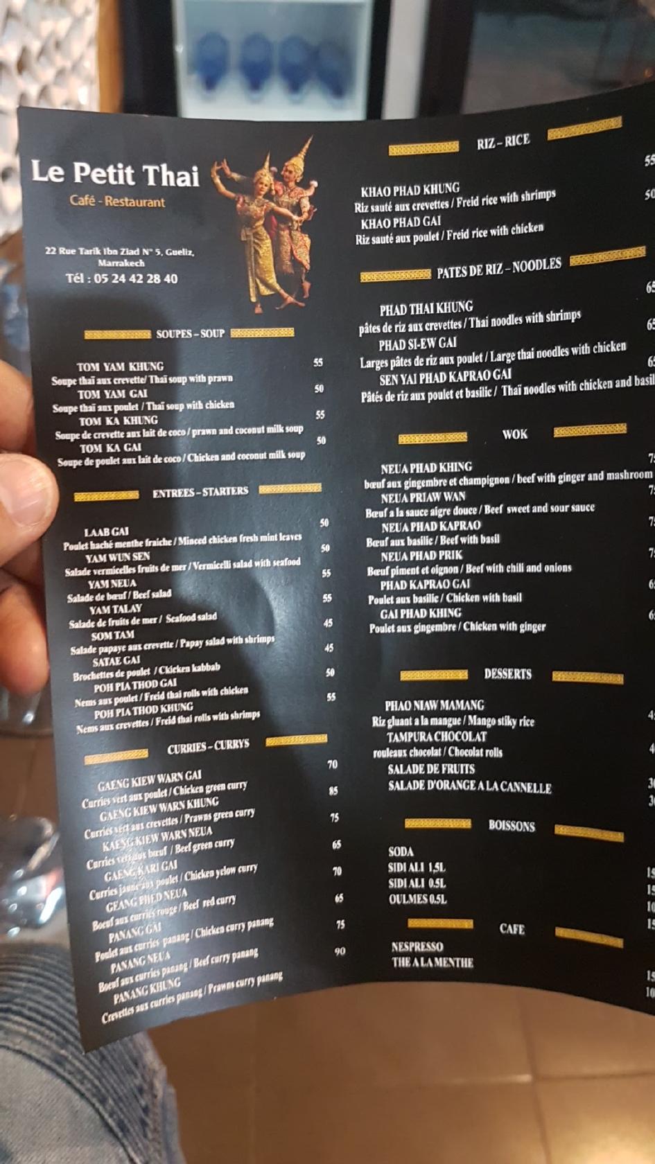 Menu at Le Petit Thai restaurant, Marrakesh