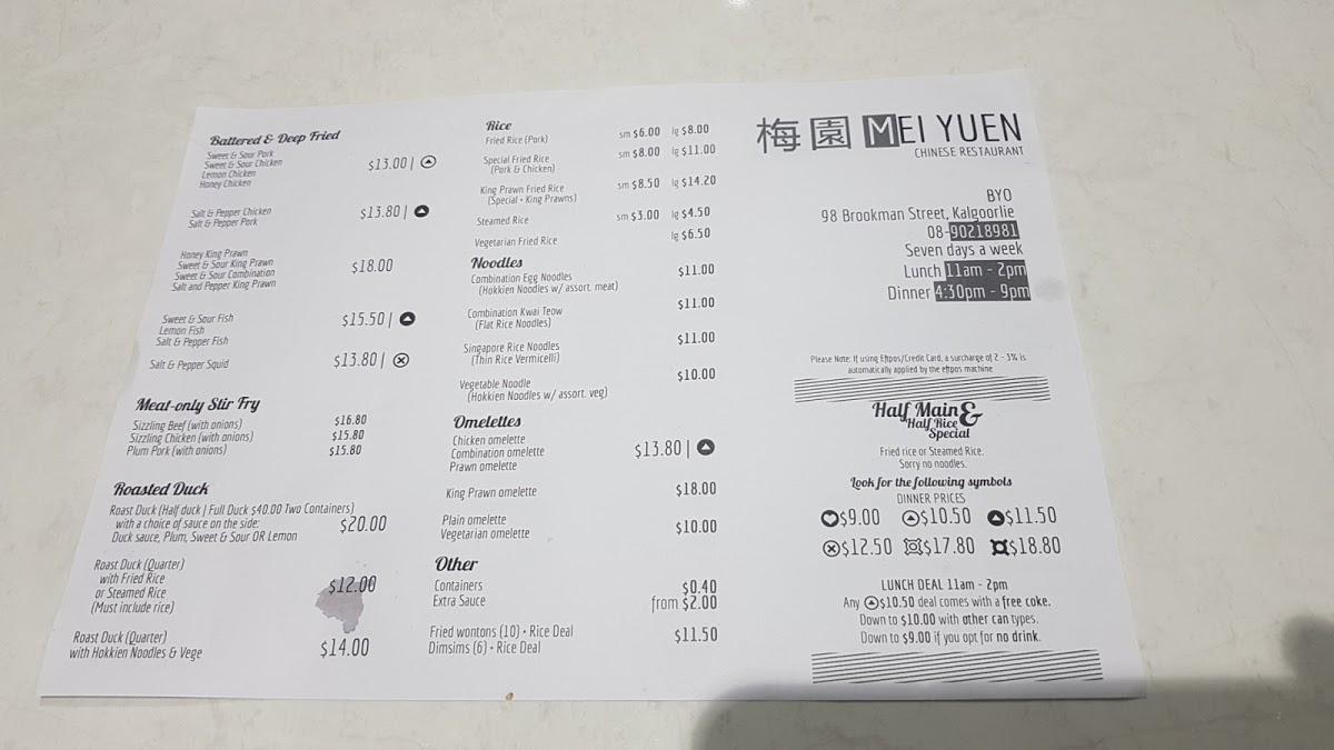 Menu at Mei Yuen Chinese Restaurant, Kalgoorlie