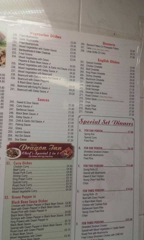 Menu at New Dragon Inn restaurant, Chesterfield