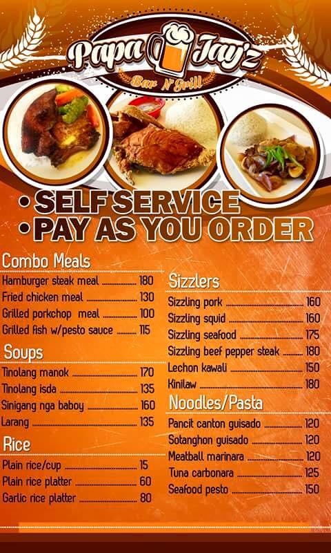 Menu at Papa jay'z bar and grill, Valencia City