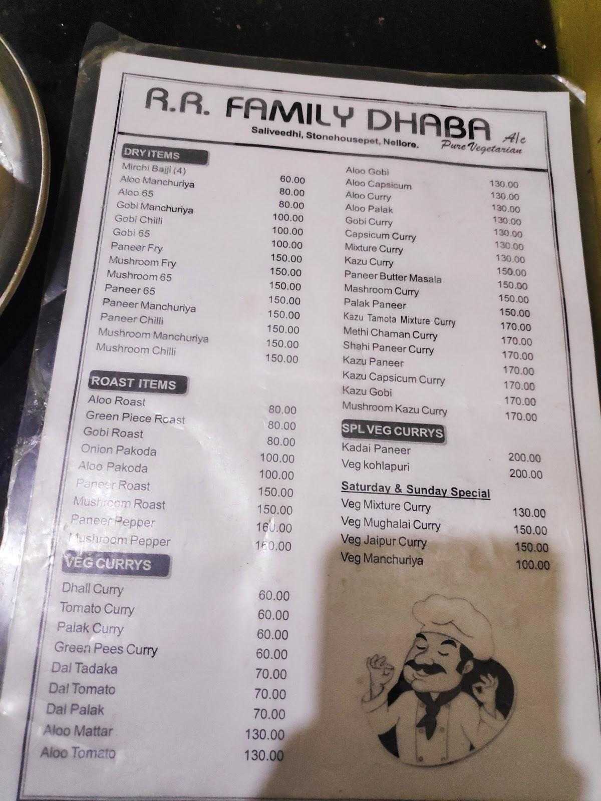 Menu at R.R. Family Dhaba veg, Nellore, FX5V+P8X