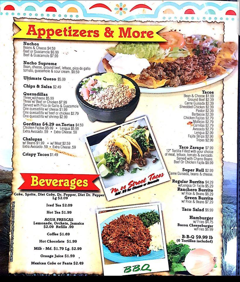 Menu at Ranchero 's restaurant, Sinton