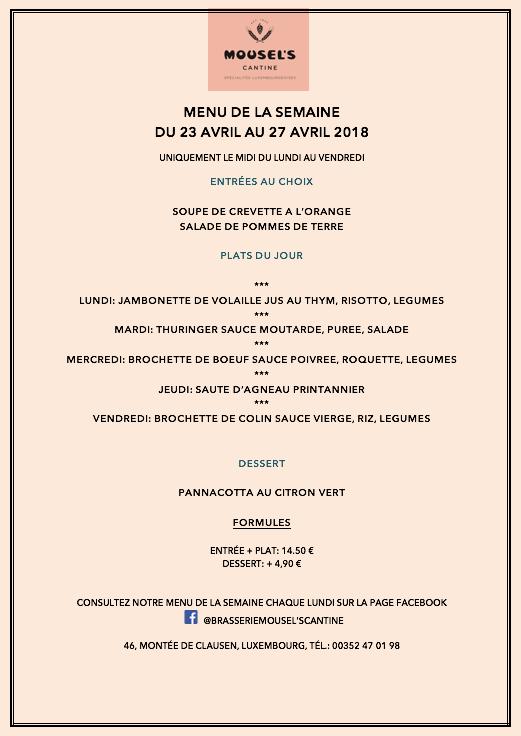 Menu at Restaurant Mousel's Cantine Sàrl, Luxembourg City
