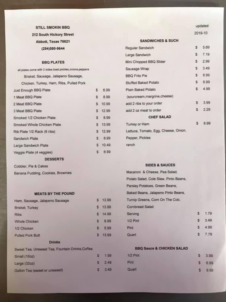 Menu at STILL SMOKIN BBQ, Abbott