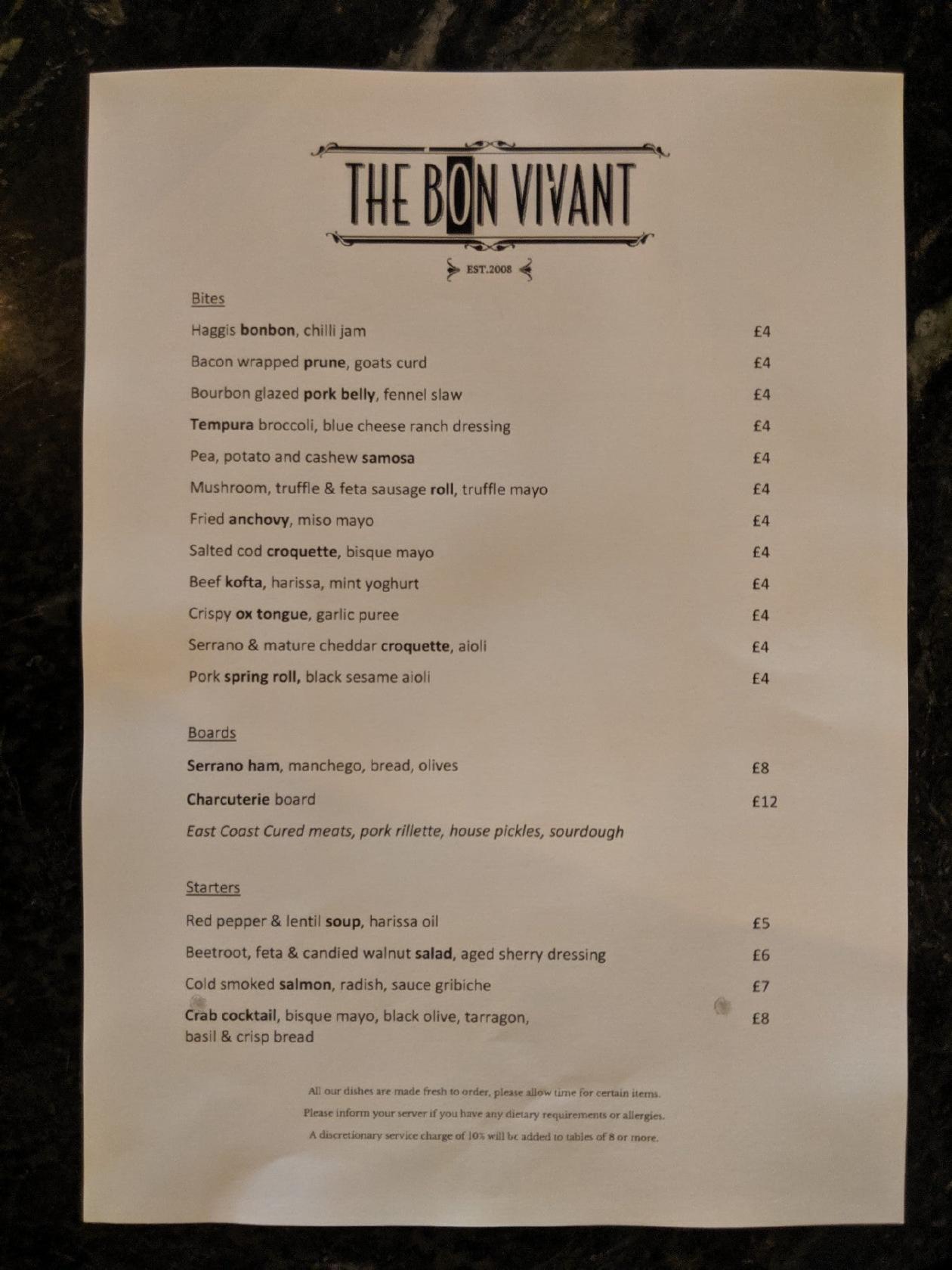 Menu at The Bon Vivant pub & bar, Edinburgh, 55 Thistle St
