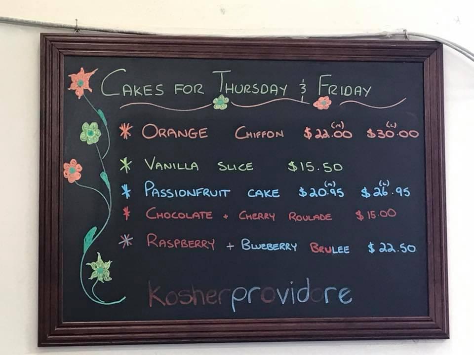 Menu at The Kosher Providore restaurant, Menora