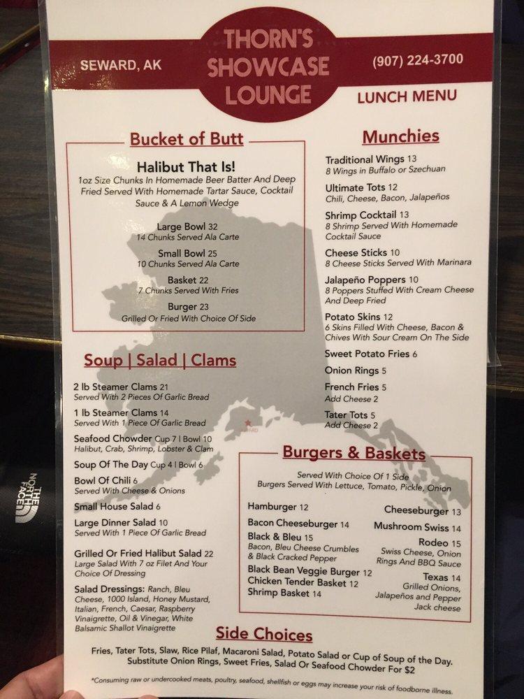 Menu at Thorn's Showcase Lounge pub & bar, Seward