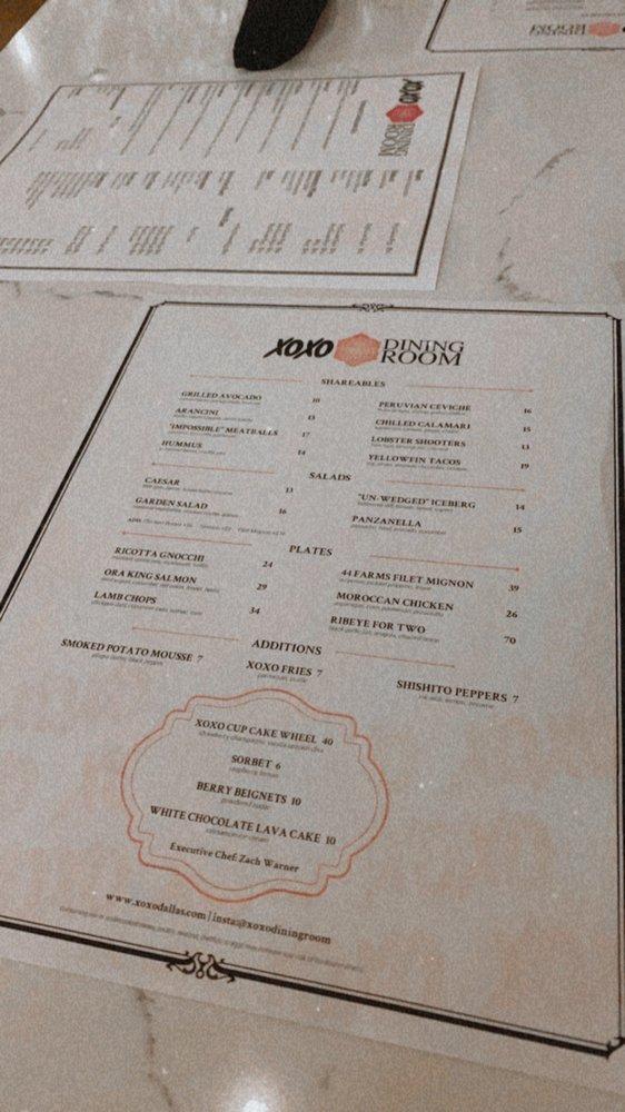 Menu at XOXO Dining Room restaurant, Dallas