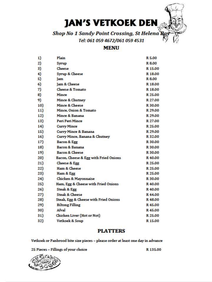 Menu at Jan's Vetkoek Den restaurant, Saint Helena Bay, 64 Linaria St