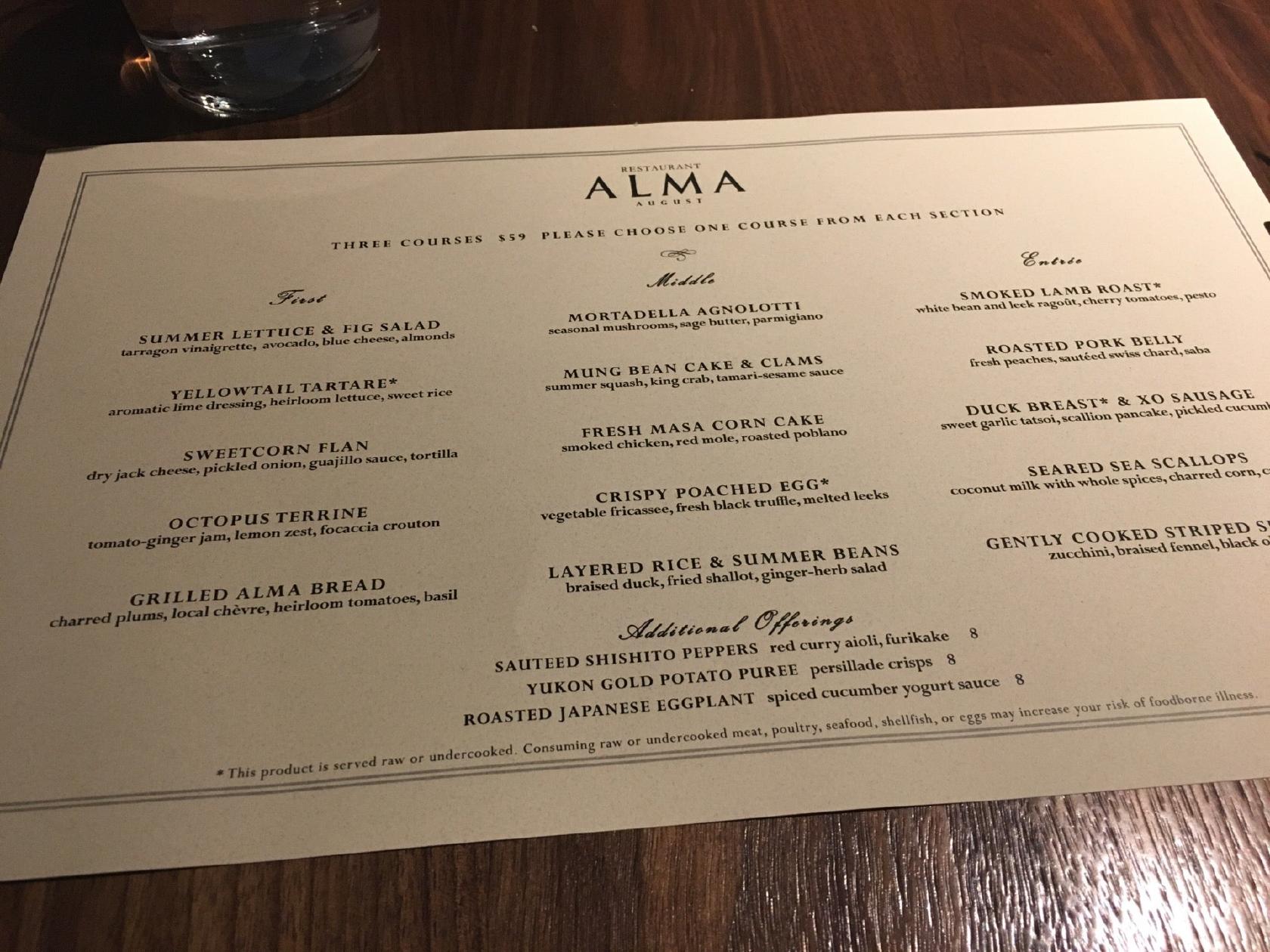 Menu at Alma cafe, Minneapolis, 528 University Ave SE