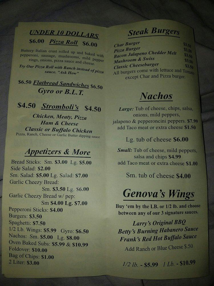 Menu at Genova’s pizza pizzeria, Marion