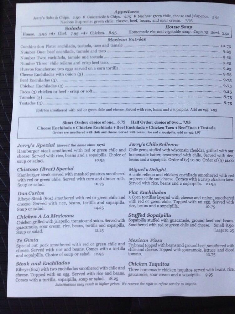 Menu at Jerry's Cafe, Gallup