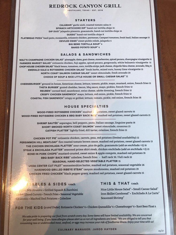 Menu at Redrock Canyon Grill restaurant, Southlake