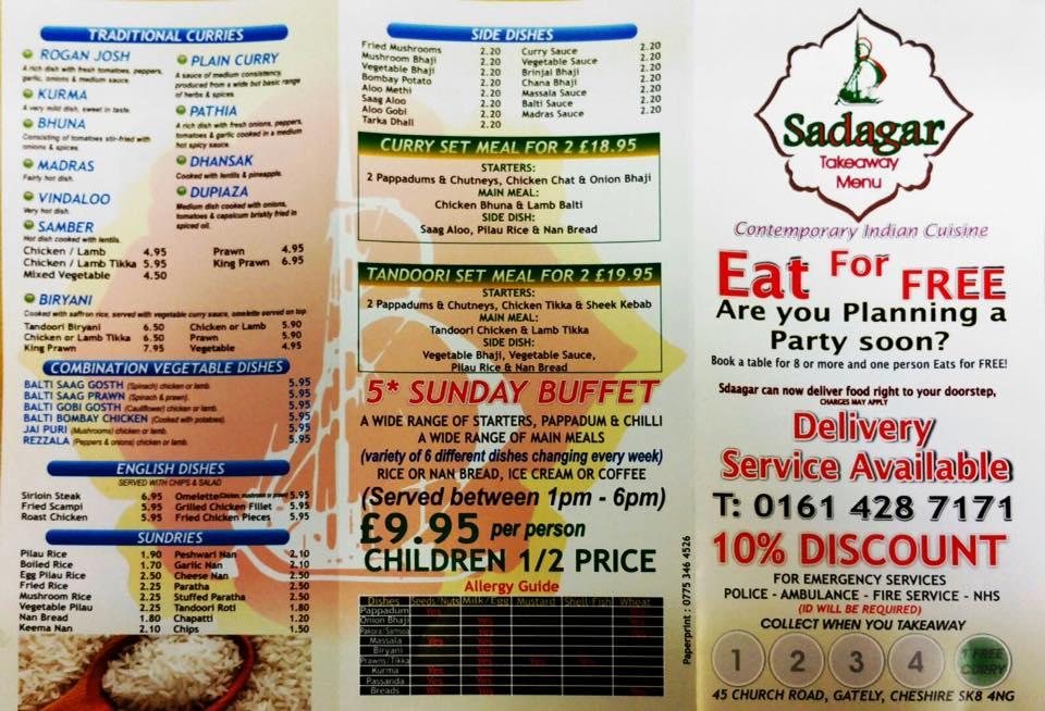 Menu at Sadagar Balti Restaurant, Cheadle