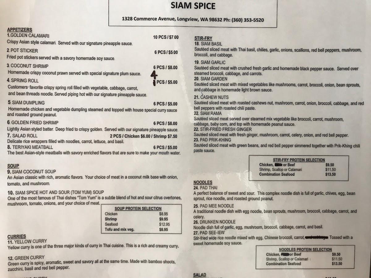 Menu at Siam Spice restaurant, Longview