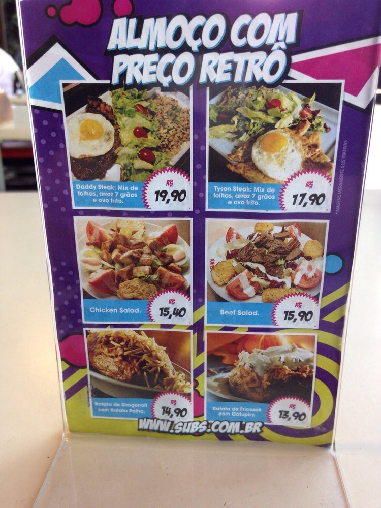 Menu at The Sub's restaurant, Curitiba, Alameda Doutor Carlos de Carvalho