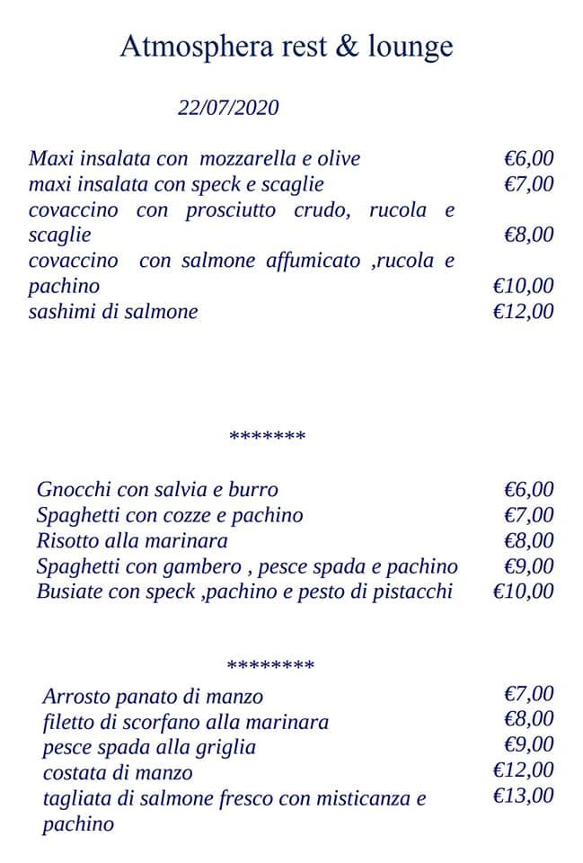 Menu at Atmosphera Rest & Lounge restaurant, Palermo, Via Rosolino Pilo