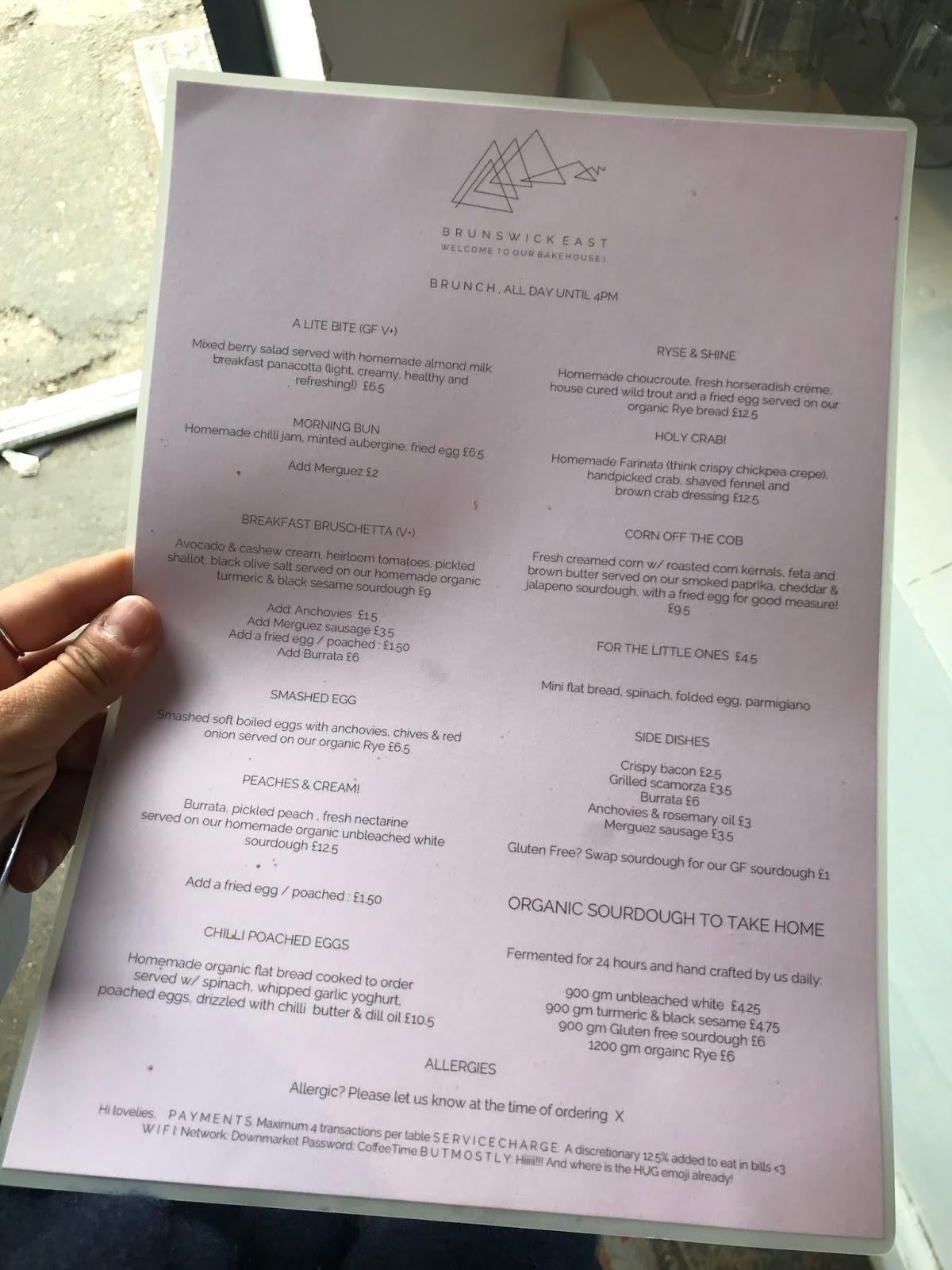 Menu at Brunswick East Bakehouse cafe, London