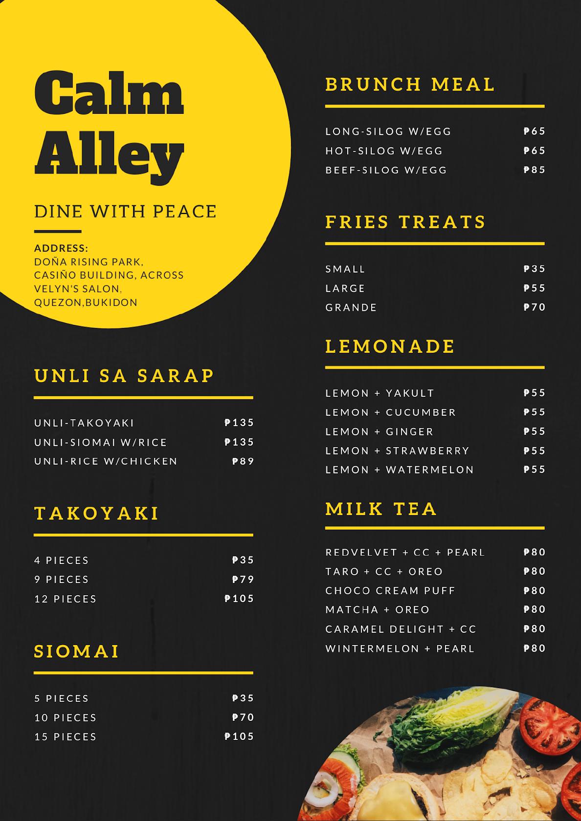Menu at CALM ALLEY cafe, Quezon