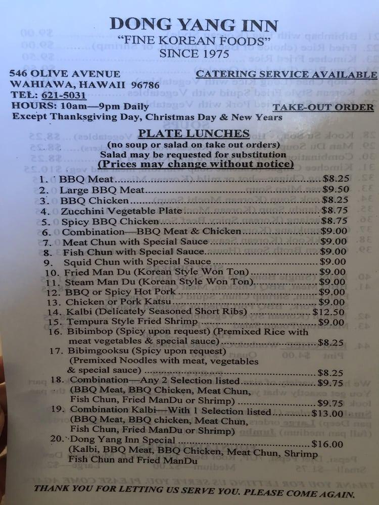 Menu at Dong Yang Inn restaurant, Wahiawa