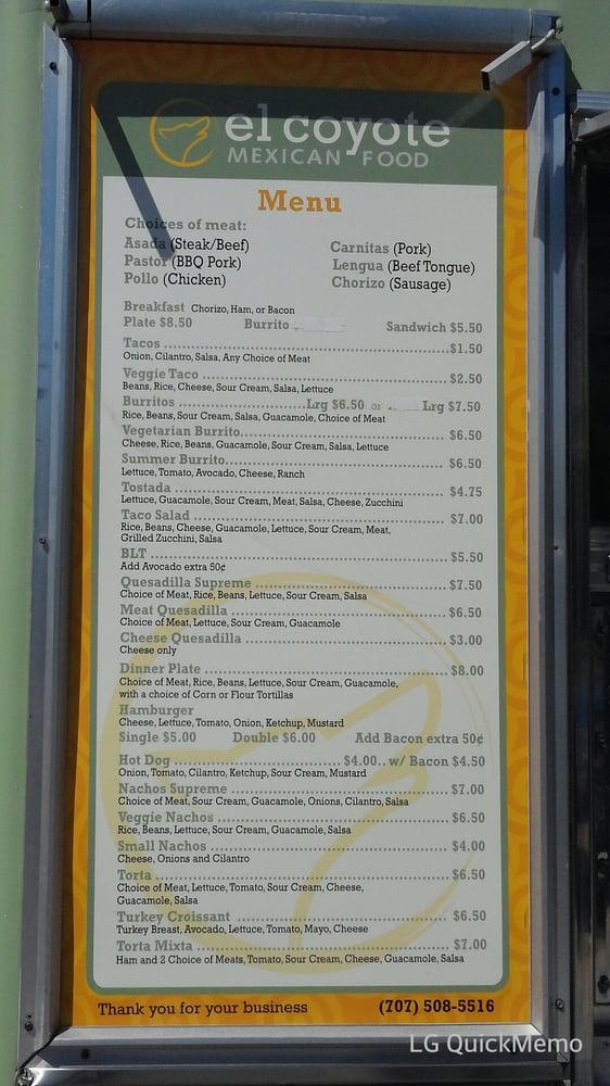 Menu at El Coyote restaurant, Sonoma