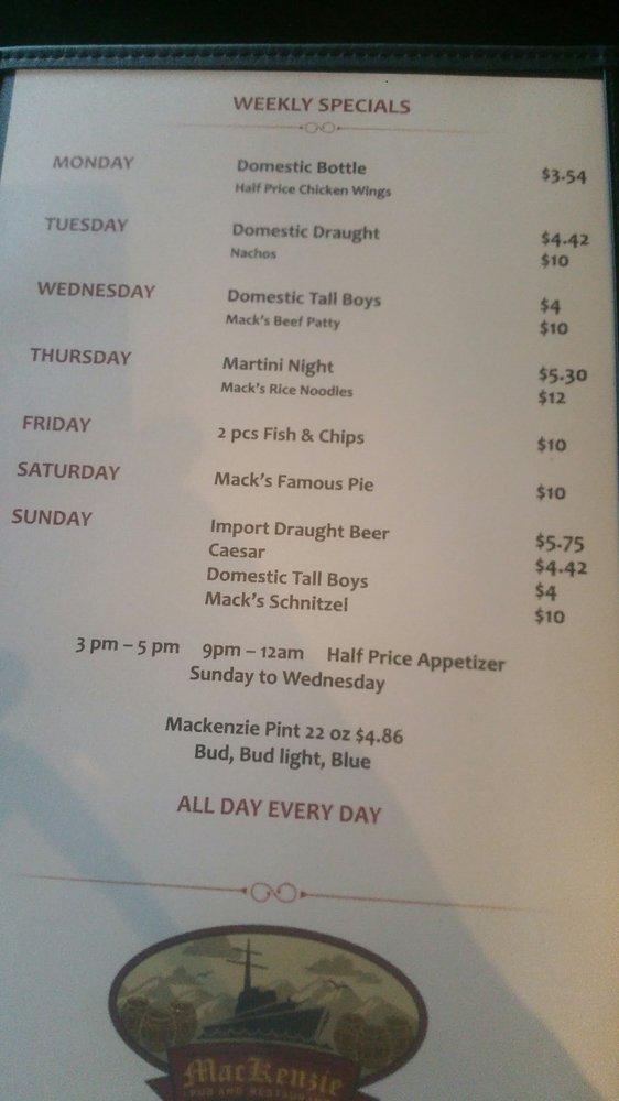 Menu at Mackenzie Pub, Ajax