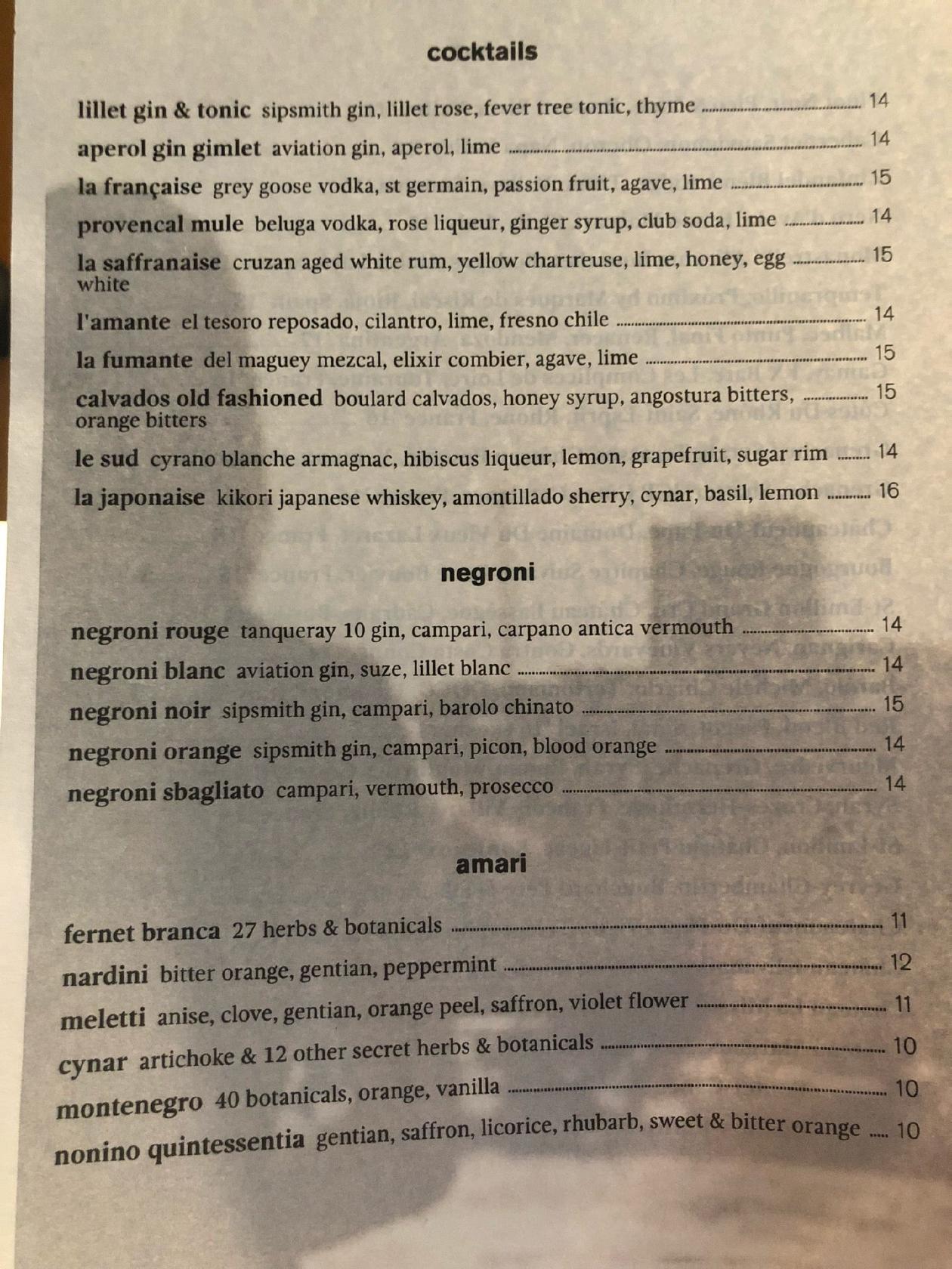 Menu at Massilia restaurant, Santa Monica