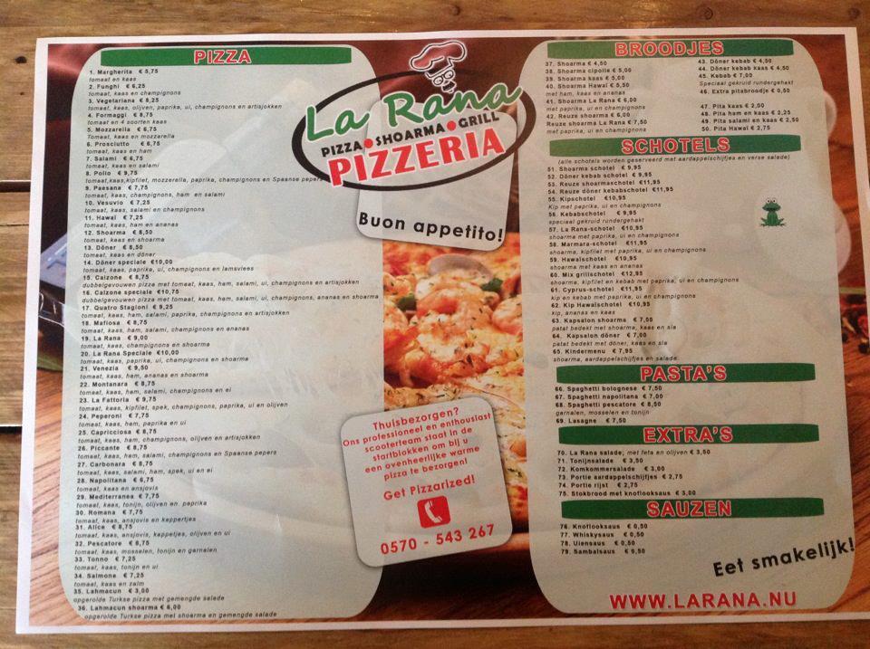 Menu at Pizzeria La Rana, Bathmen