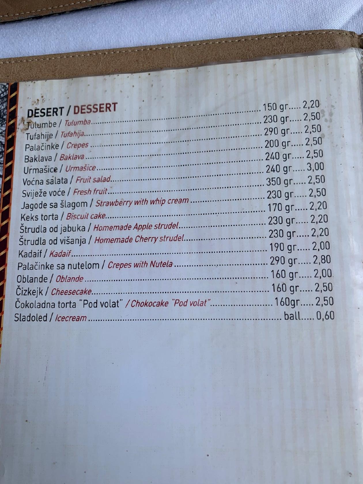Menu at Pod Volat restaurant, Podgorica