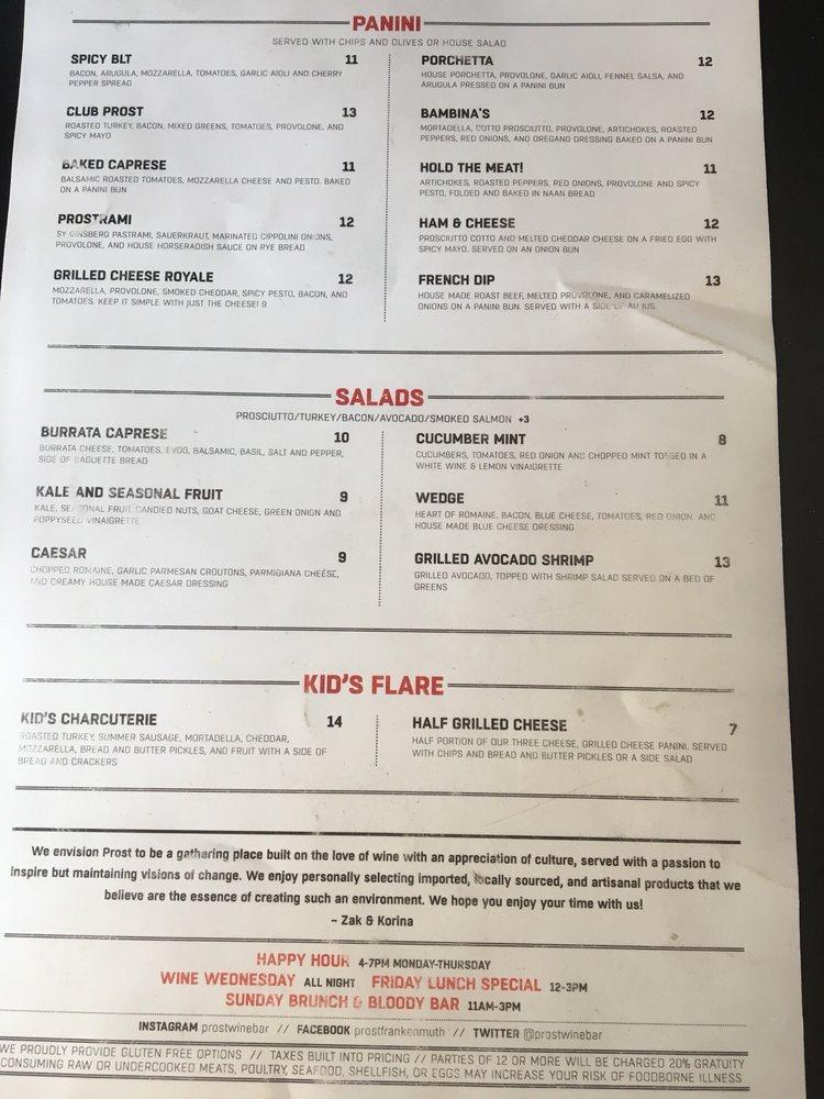 Menu at Prost Wine Bar & Charcuterie, Frankenmuth