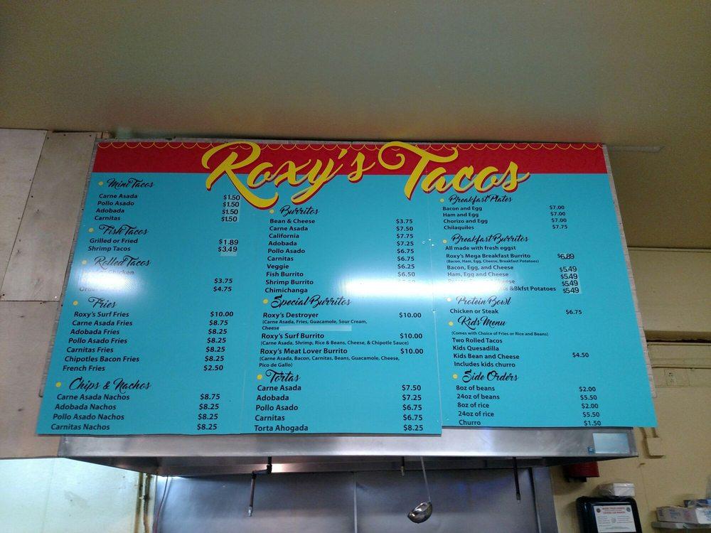 Menu at Roxy’s Tacos restaurant, San Diego