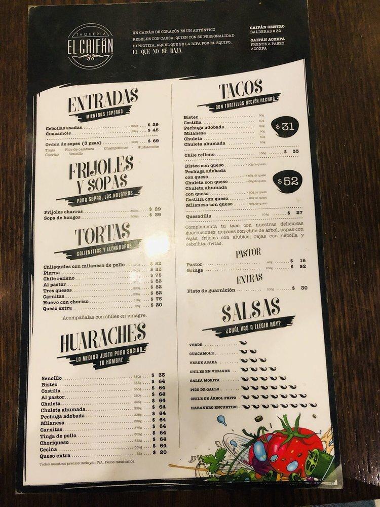 Carta del restaurante Taquería El Caifán Alameda, Ciudad López Mateos