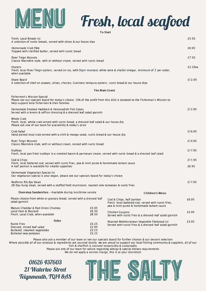 Menu at The Salty restaurant, Teignmouth