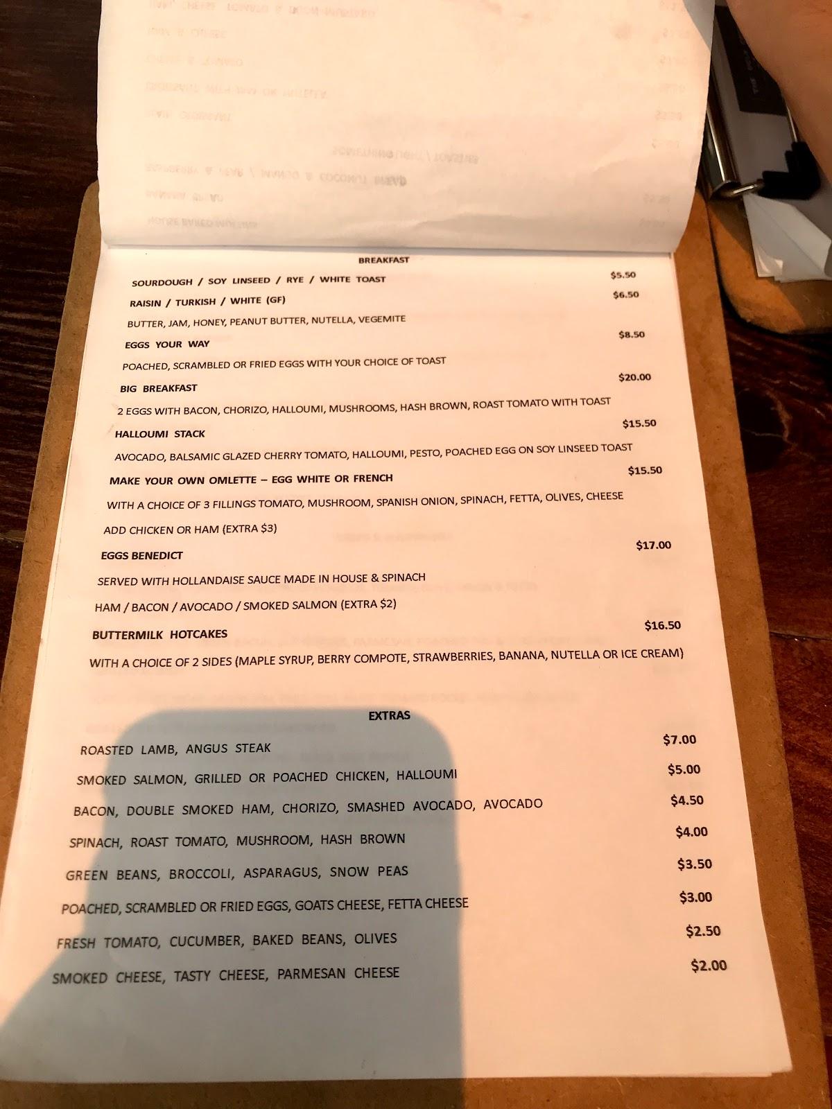 Menu at The Ugly Cook cafe, Sylvania Waters