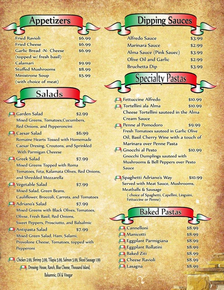 Menu at Adriano's Italian Restaurant, Plano, Alma Dr