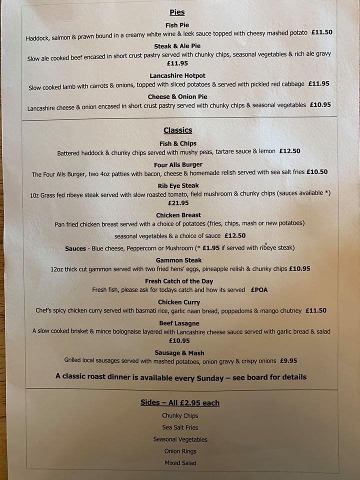 Menu at Four Alls pub & bar, Burnley