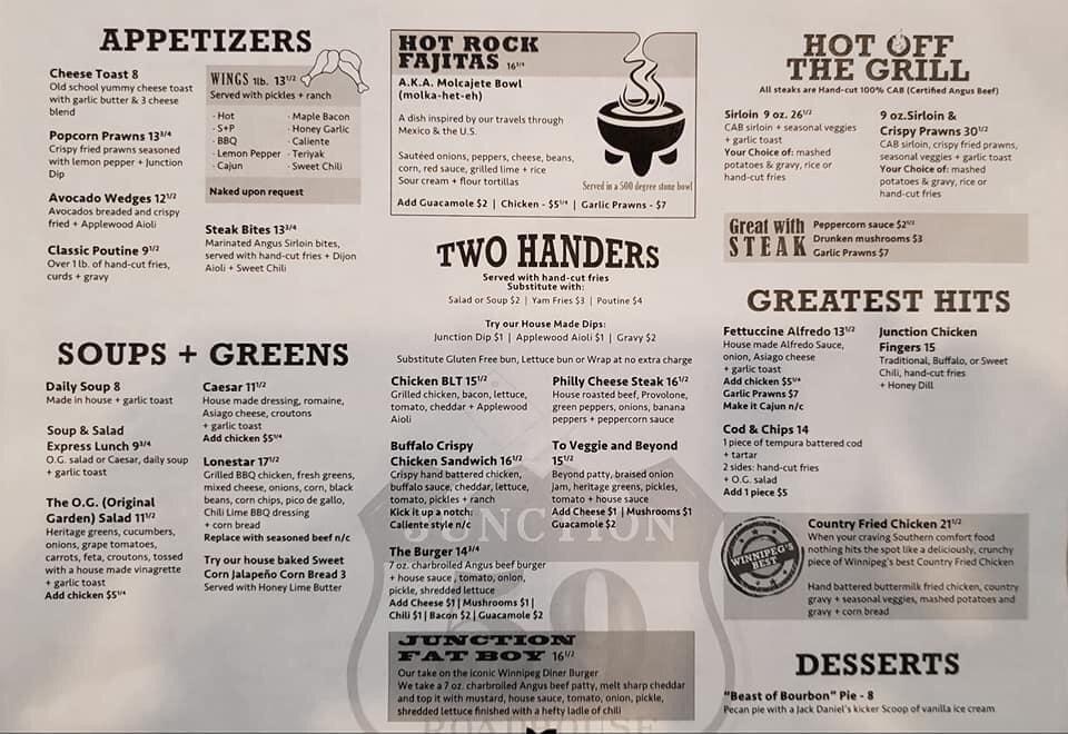 Menu at Junction 59 Roadhouse restaurant, Winnipeg