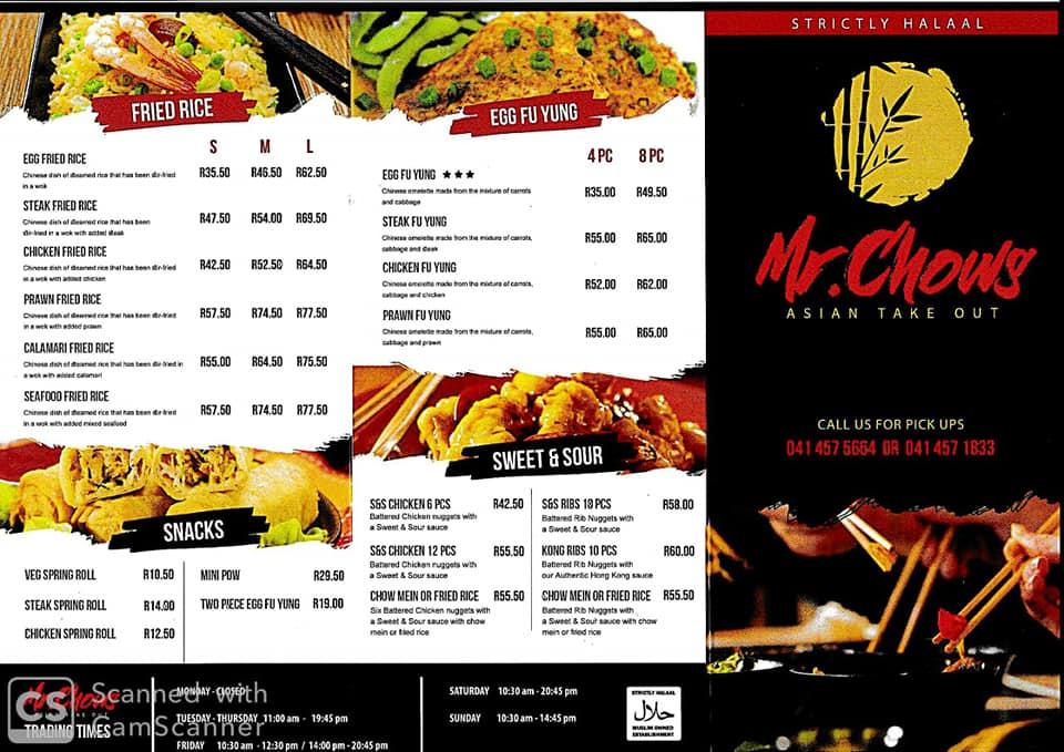 Menu at Mr Chows restaurant, Port Elizabeth, Shop 114