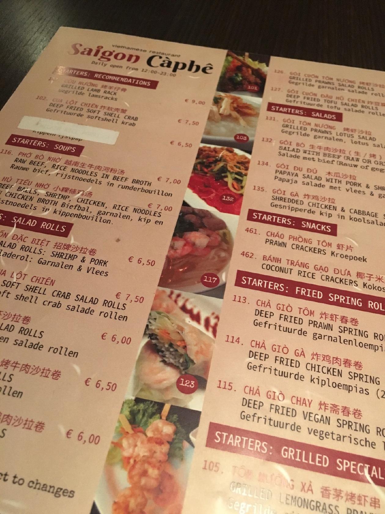 Menu at Saigon Cafe, Amsterdam