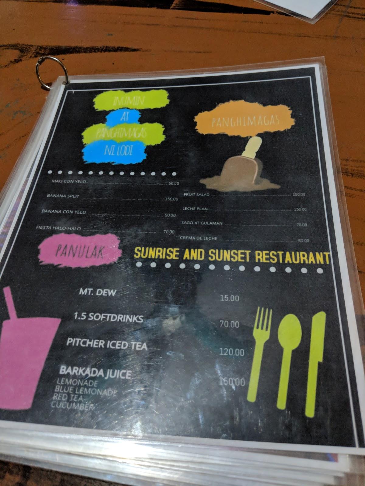 Menu at Sunrise and Sunset Restaurant, Calatagan