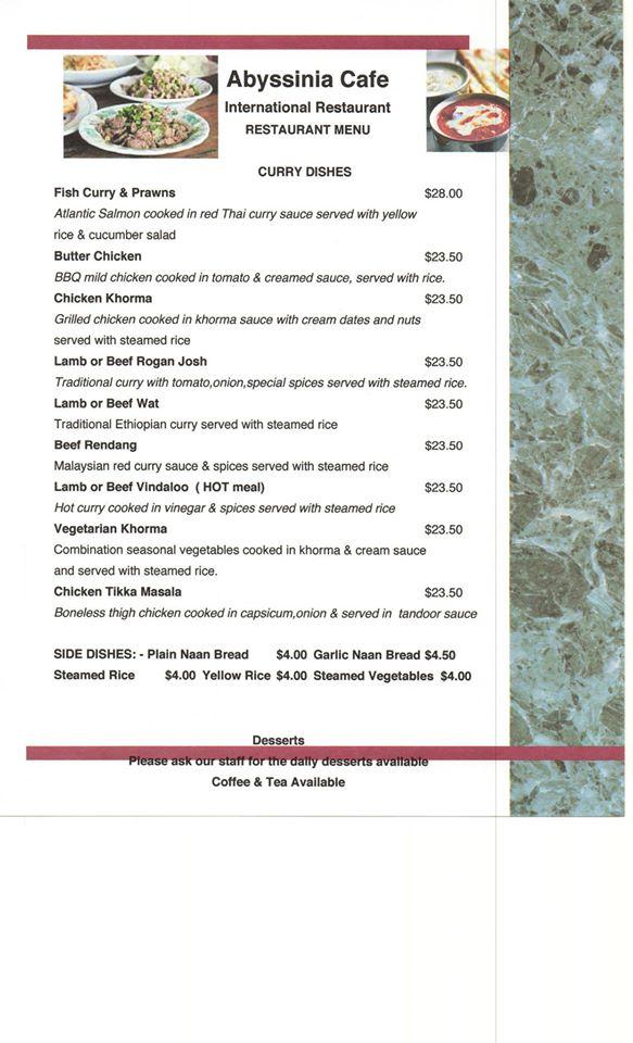 Menu at Abyssinia Cafe Restaurant, Mount Isa