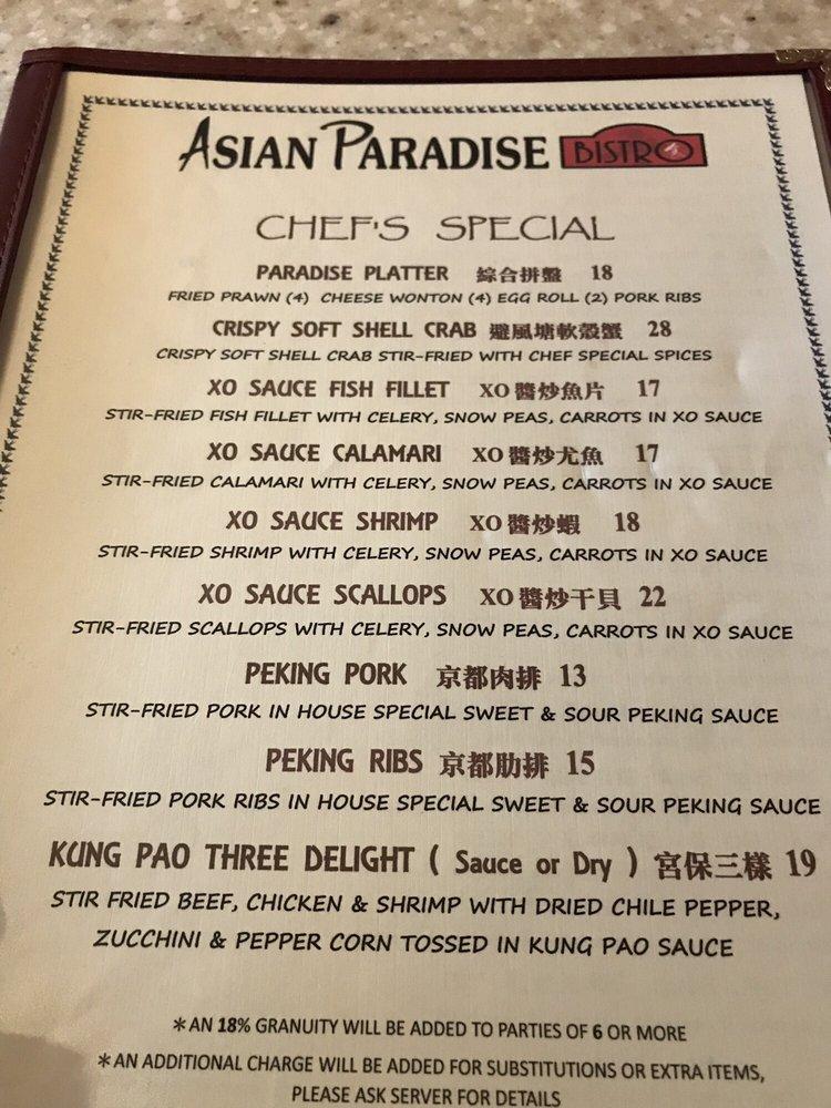 Menu at Asian Paradise restaurant, Reno