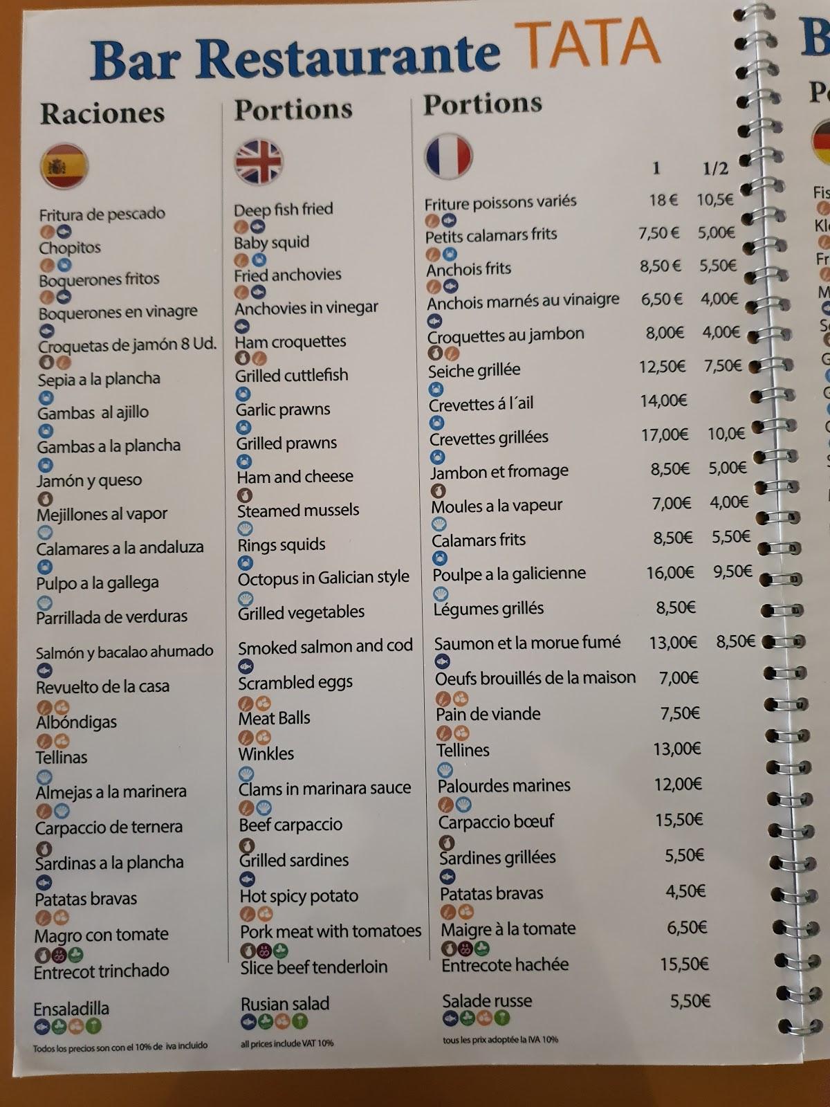 Carta de Bar-Restaurante Tata., Calpe
