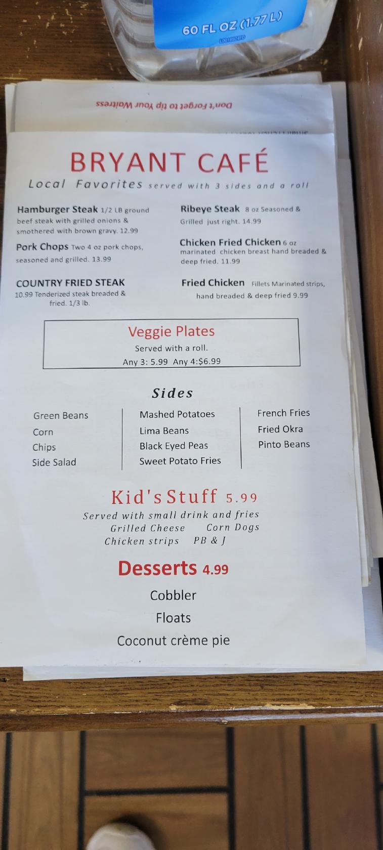Menu at Bryant Cafe, Bryant