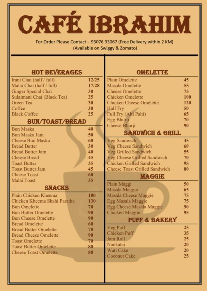 Menu at CAFE IBRAHIM, Pune