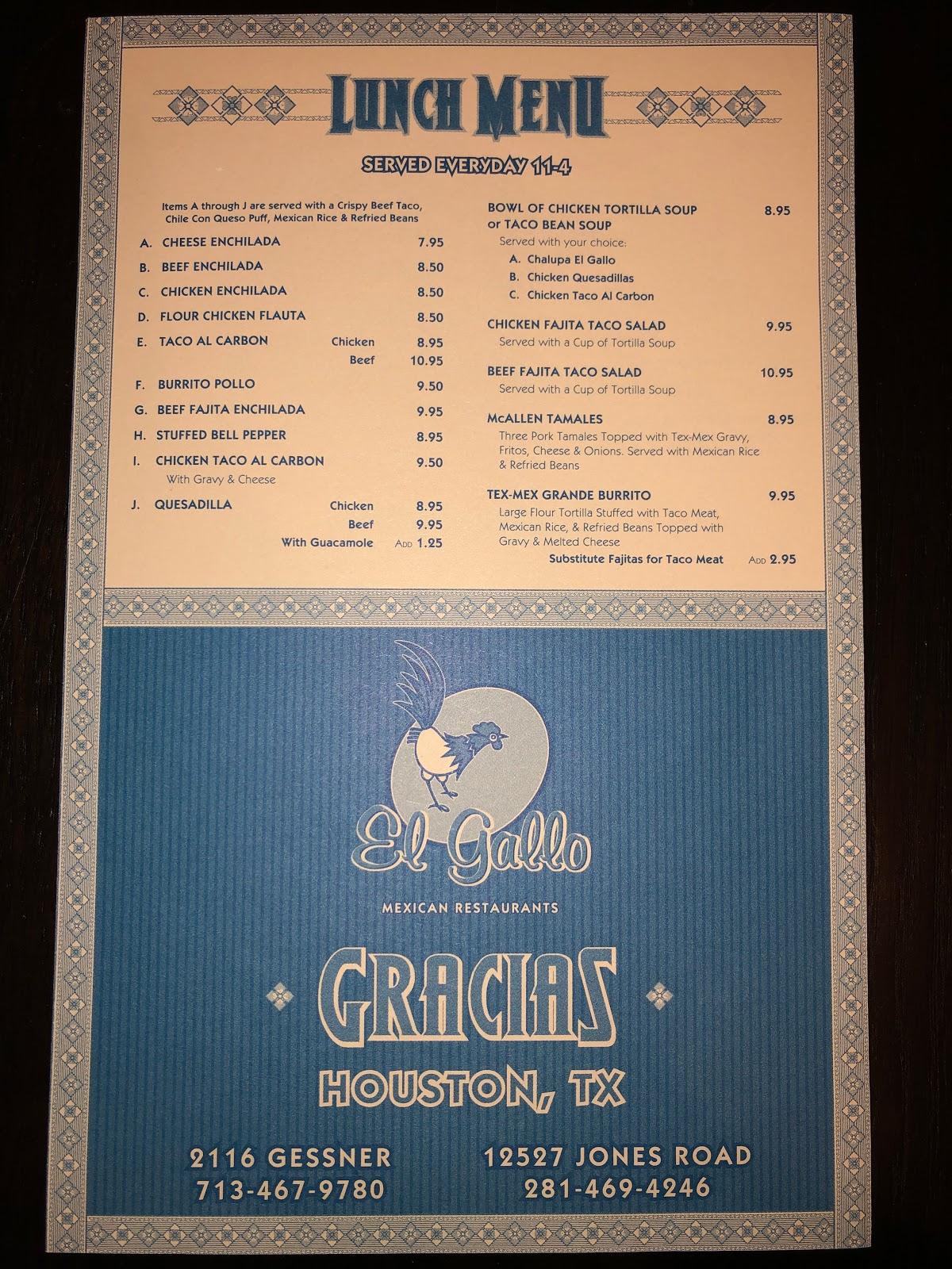 Menu at El Gallo restaurant, Houston, Jones Rd