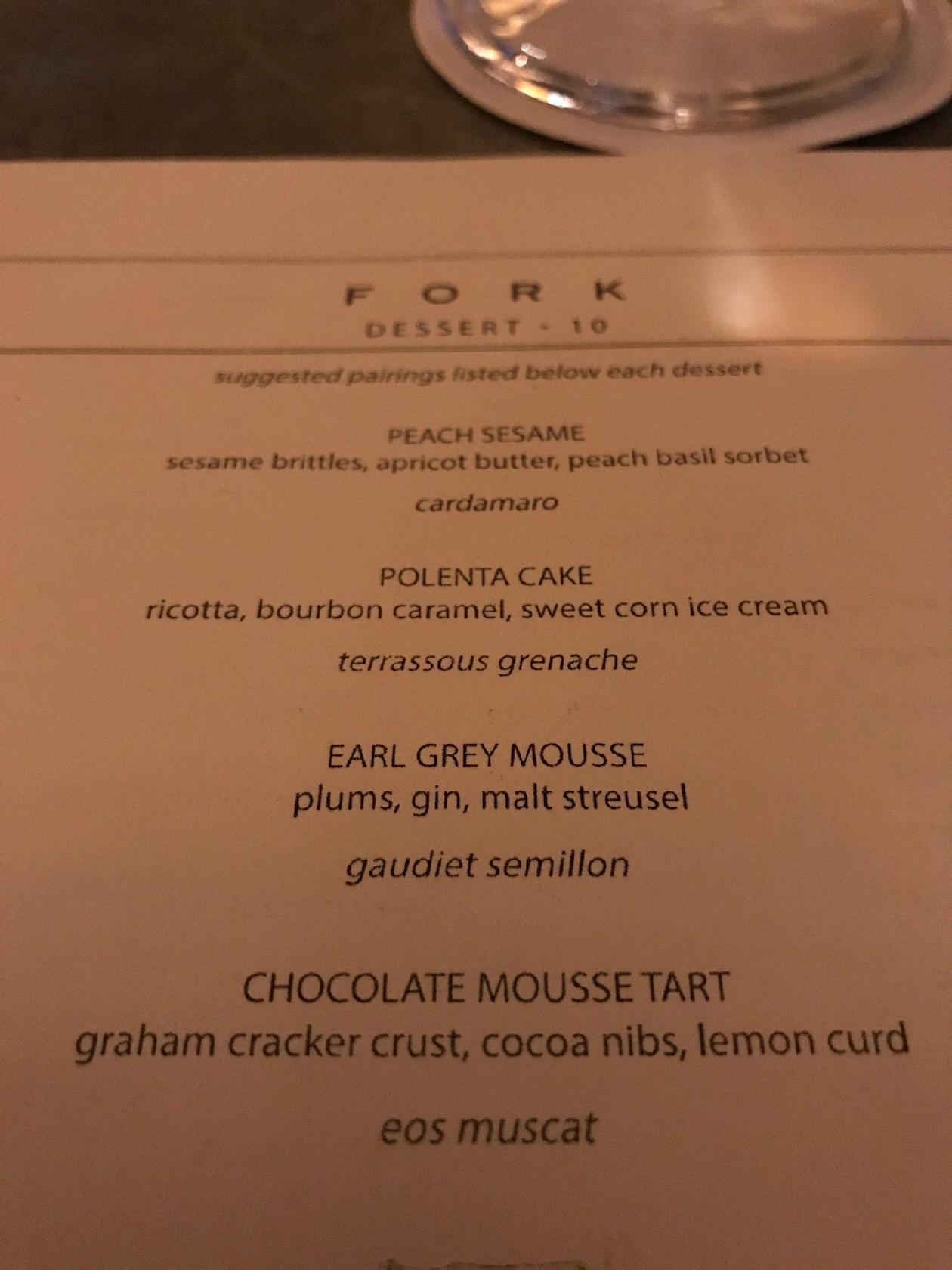Menu at Fork restaurant, Philadelphia