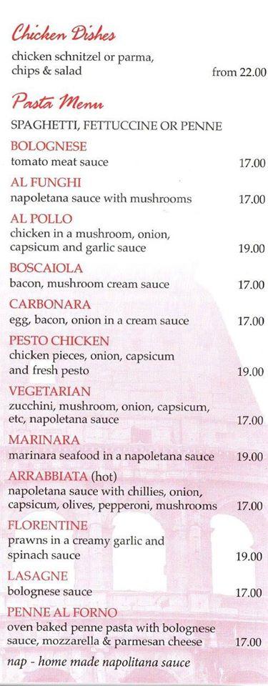 Menu at IL Colosseo pizzeria, Taree